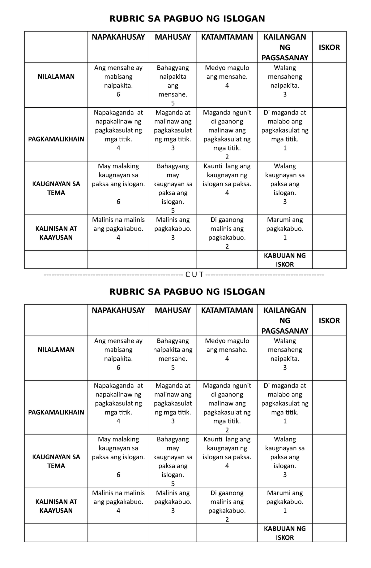 Rubric Sa Pagbuo Ng Islogan Rubric Sa Pagbuo Ng Islogan Napakahusay