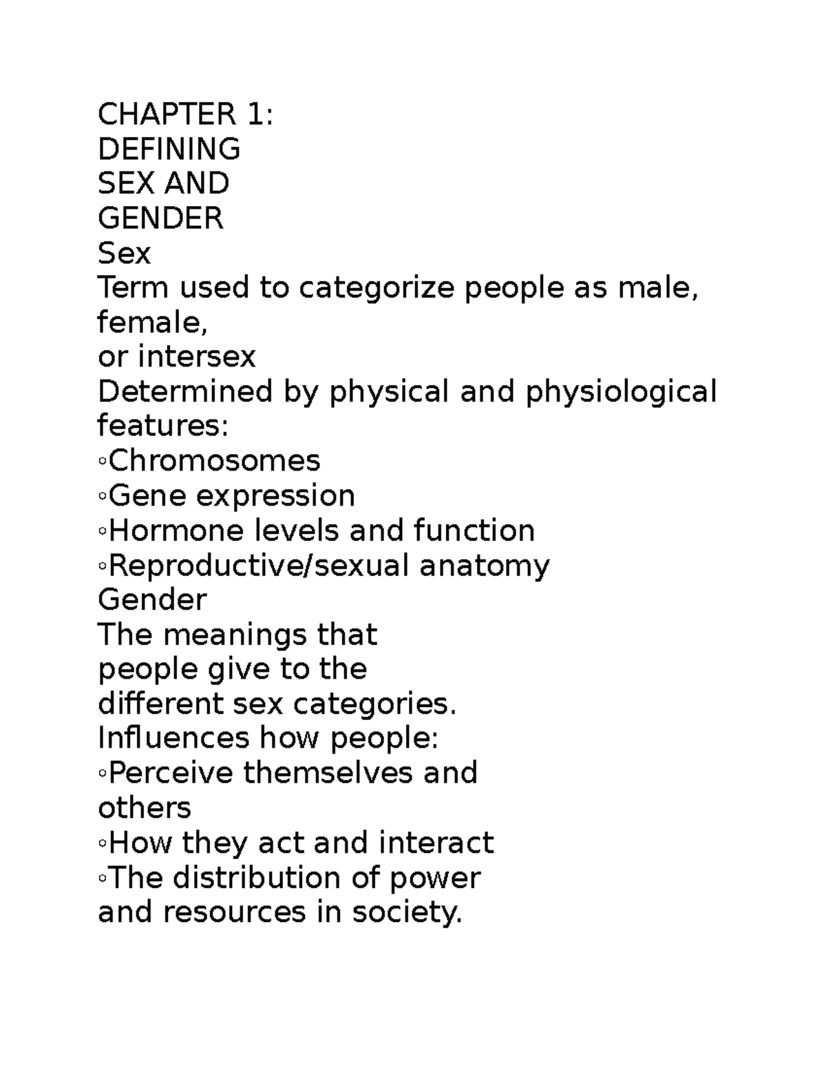 Sex And Gender Notes Chapter 1 Defining Sex And Gender Sex Term