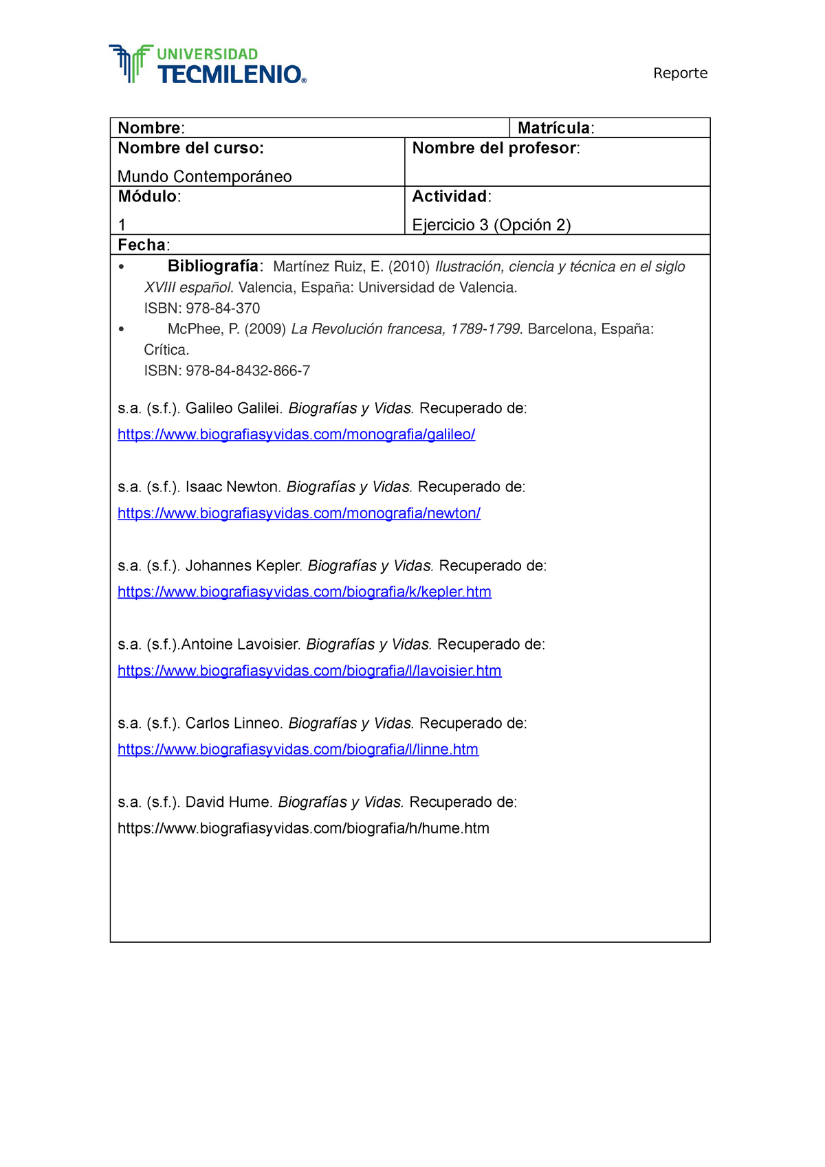 Ejercicio 3 Mundo Contemporaneo Nombre Matrícula Nombre Del Curso