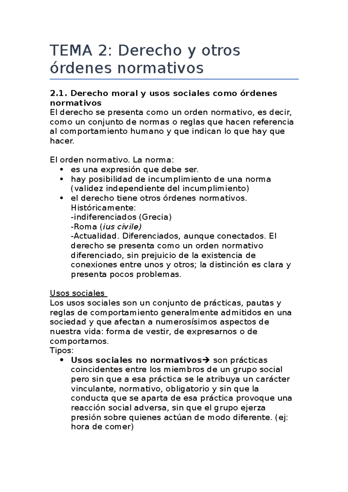 Tema 2 Primer Curso De Derecho Tema 2 Derecho Y Otros órdenes