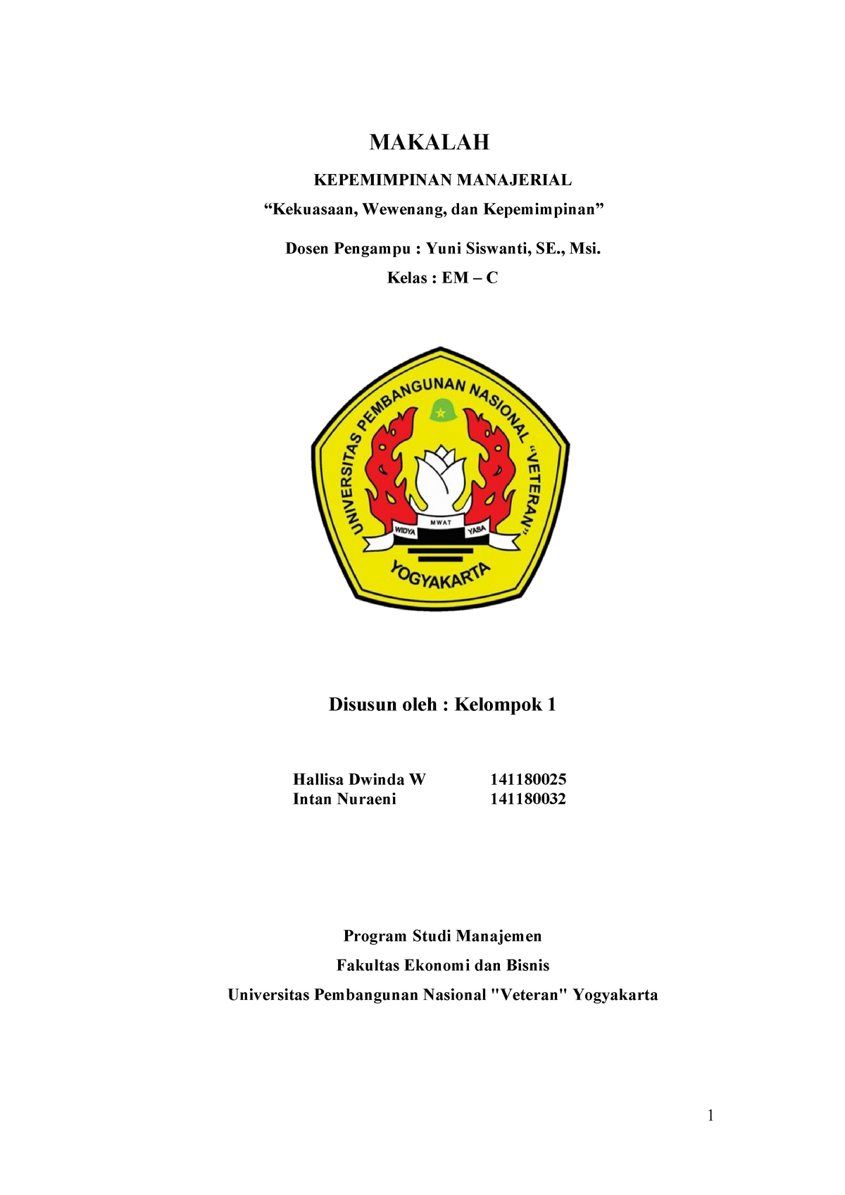 Kel 1 Kekuasaan Dan Wewenang Makalah Kepemimpinan Manajerial