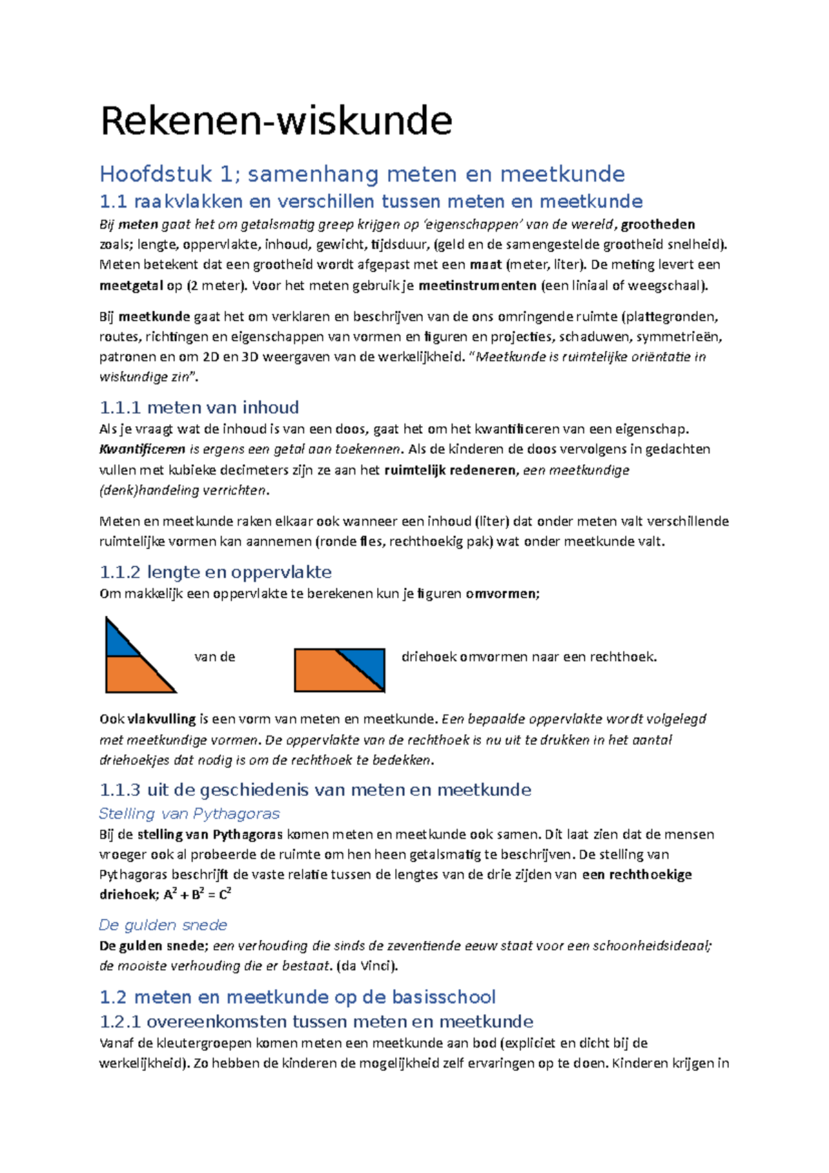 Rekenen Wiskunde Samenvatting Hoofdstuk Samenhang Meten En Meetkunde