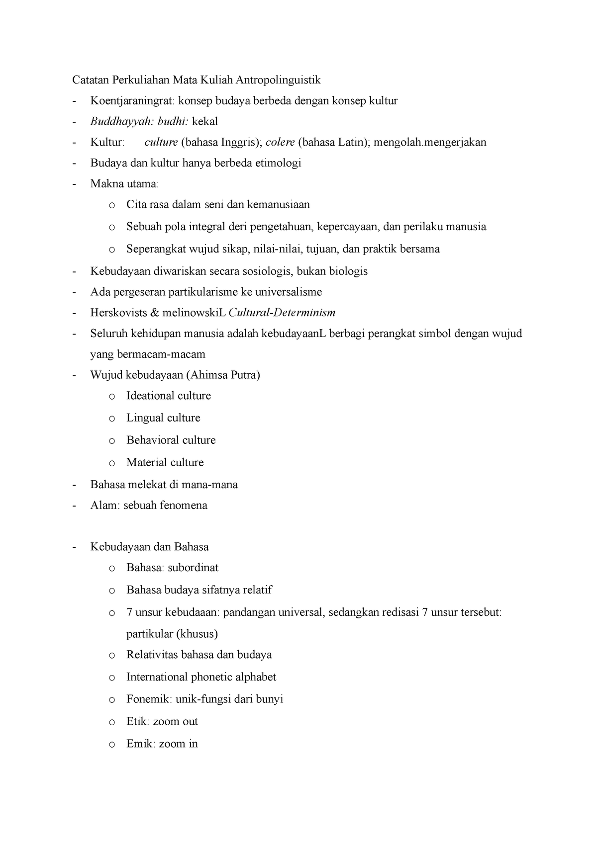 Lecture Notes Catatan Perkuliahan Mata Kuliah Antropolinguistik