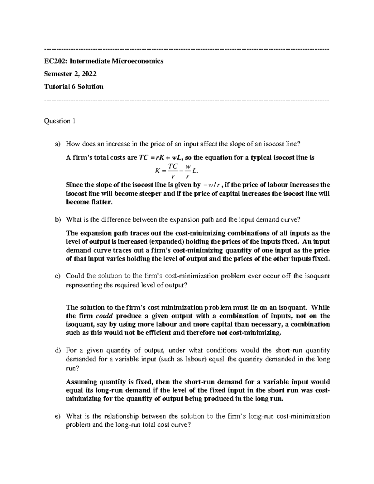 Tutorial 6 Solution Ec202 Intermediate Microeconomics Semester 2