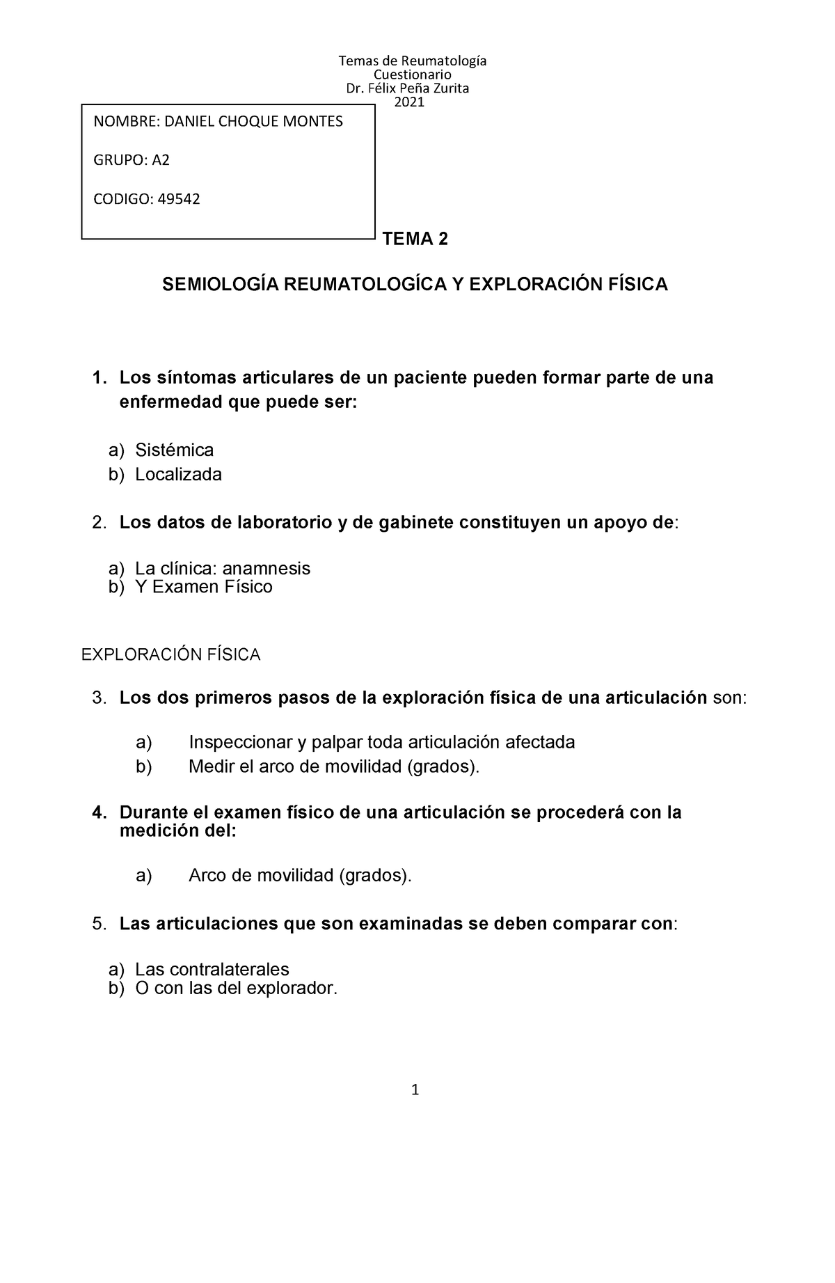 Cuestionario 2 De Reumatologia 9 Cuestionario Dr Félix Peña Zurita