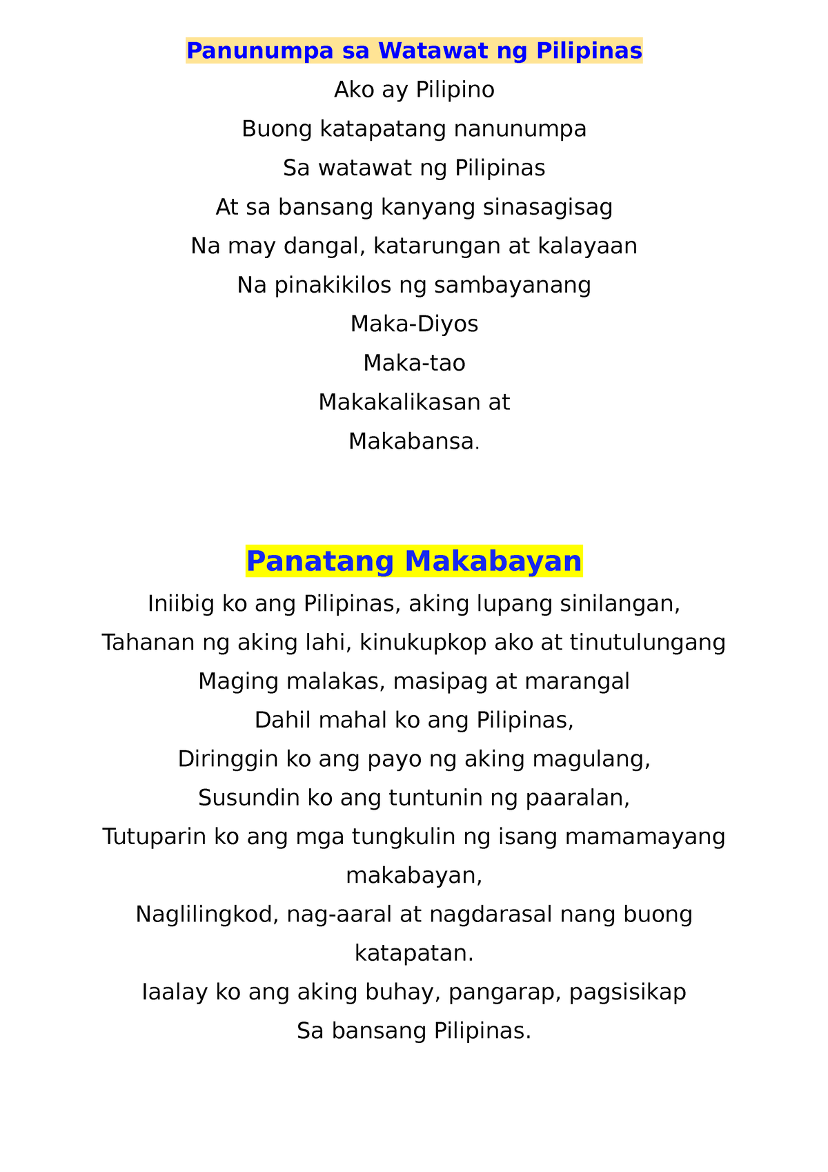 Panunumpa Sa Watawat Ng Pilipinas Panatang Makabayan Iniibig Ko Ang