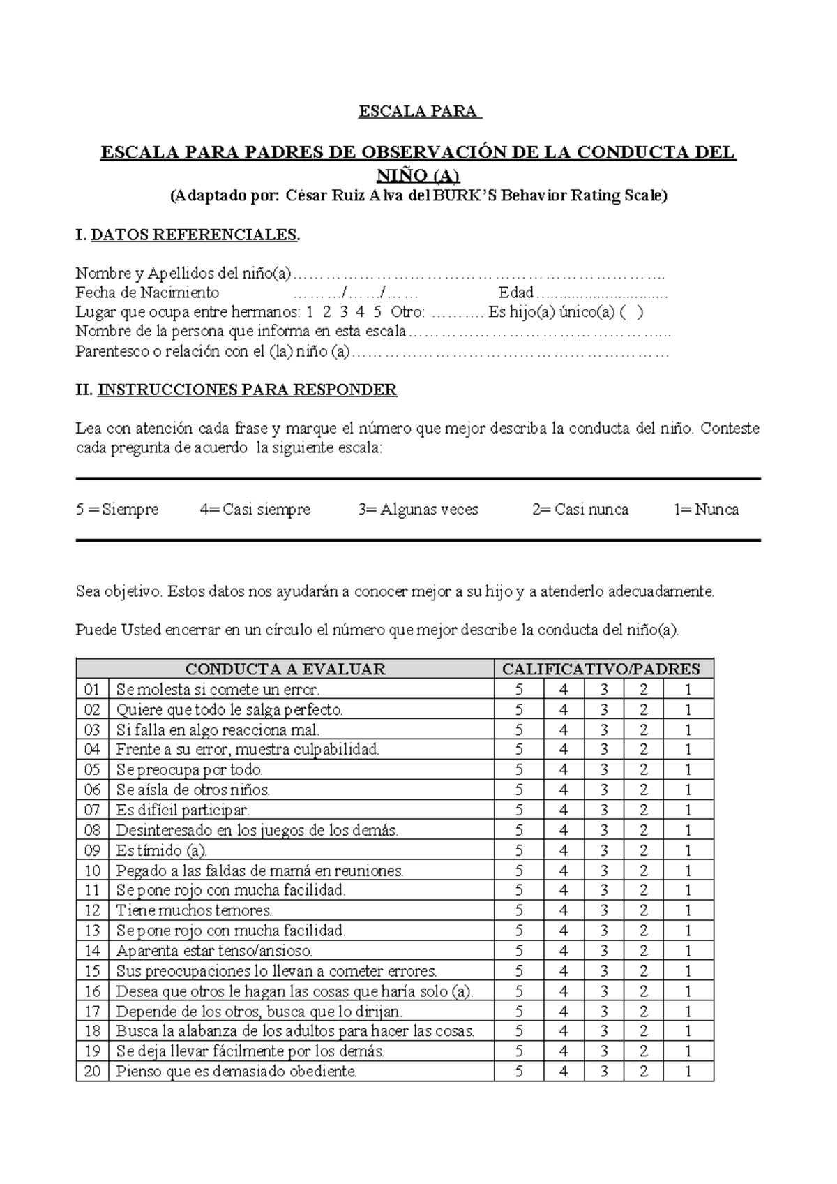 Escala Para Padres De Observación De La Conducta Del NiÑo Escala Para