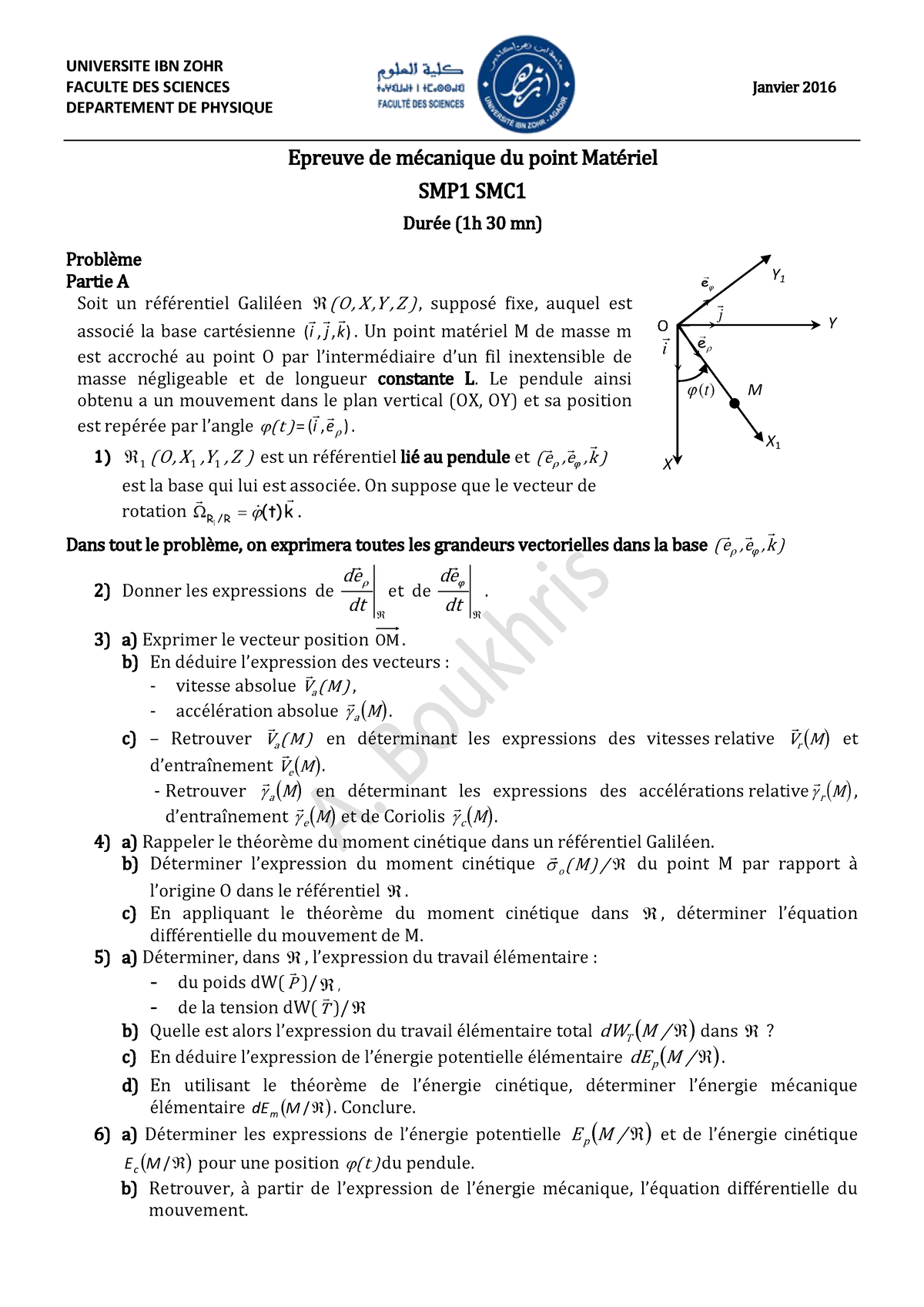 Exam Sn 2015 16 S Exam 2 De Mecanique De Point 15 16 Universite Ibn