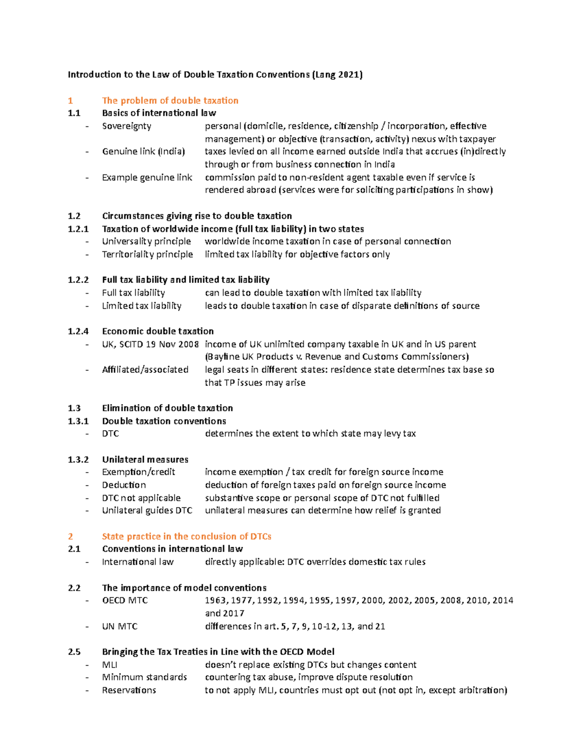 Tax Treaty Law Summary Copy Introduction To The Law Of Double