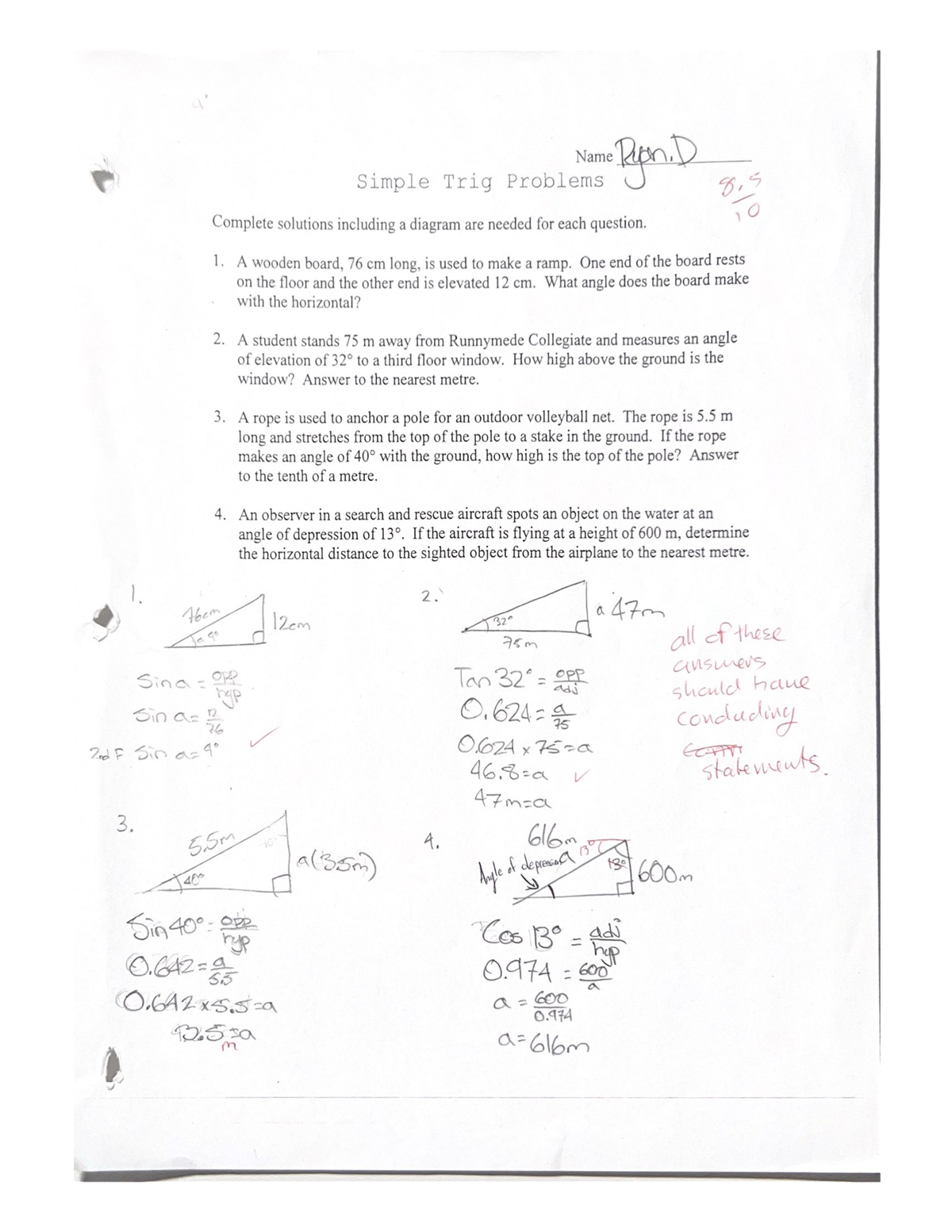 Grade 10 Math Trigonometry Practice Questions Studocu