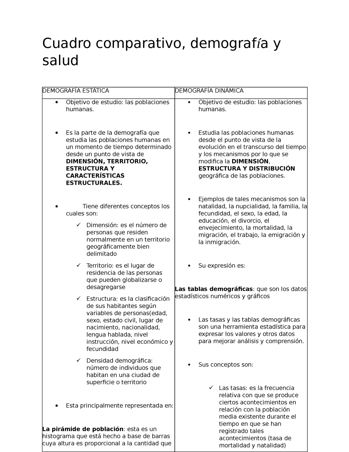 Cuadro Comparativo Sobre La Demografia Estatica Y La Demografia Docsity