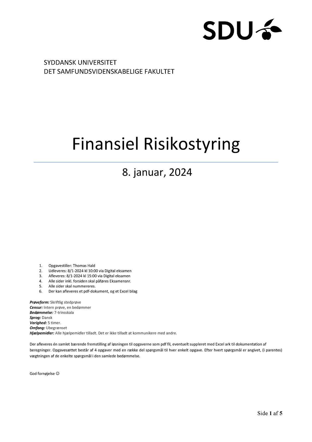 Finansiel Risikostyring Januar 2024 Ord Eksamen Syddansk Universitet