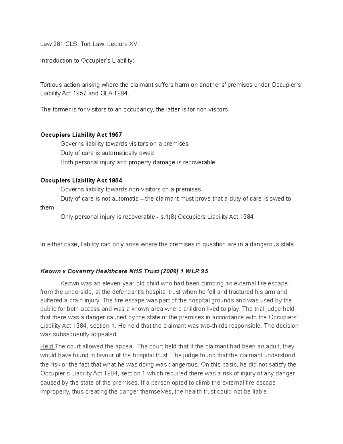 Lecture 15 Occupiers Liability Law 281 Cls Tort Law Lecture Xv