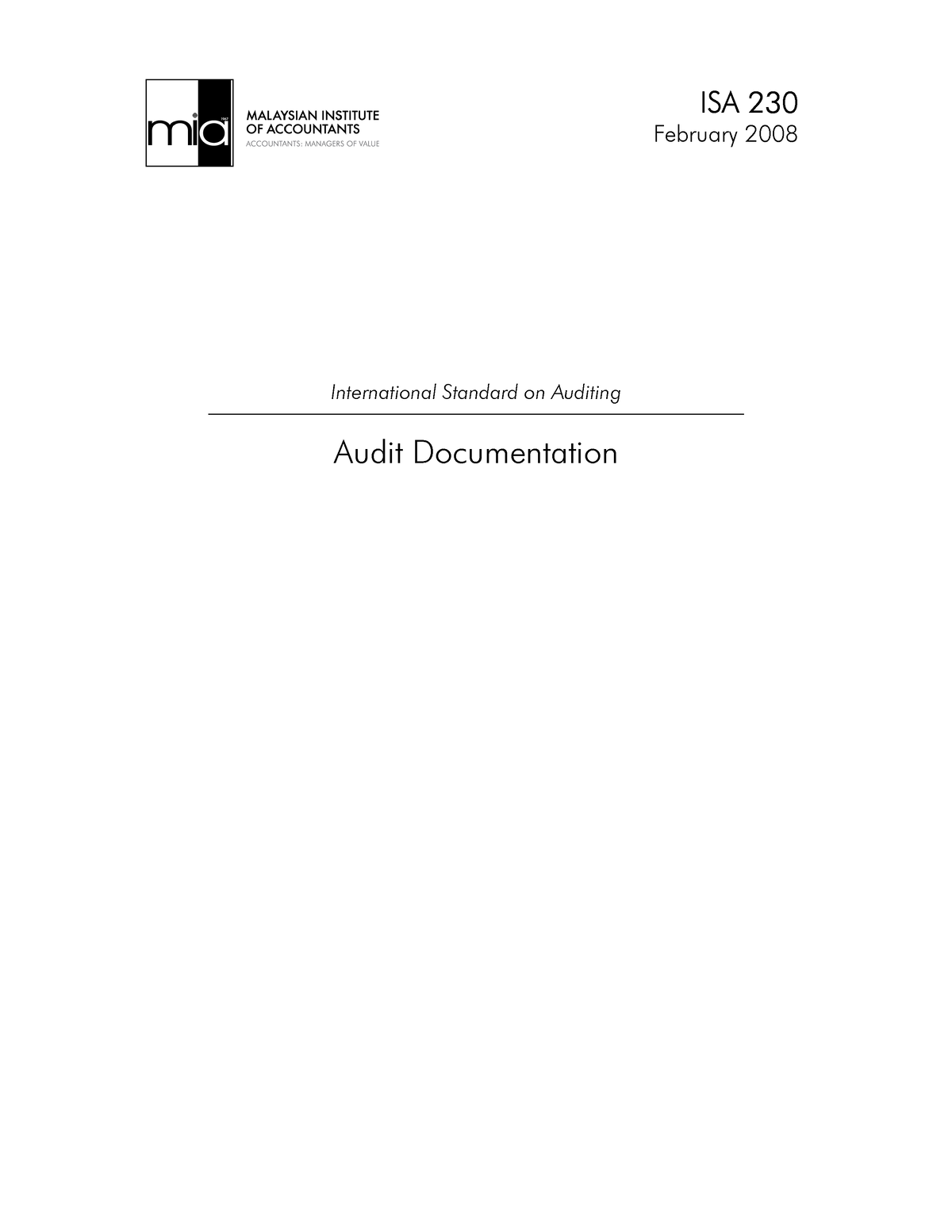 Isa230 Audit Documentation Isaisaisaisa 230230230230 February 2008