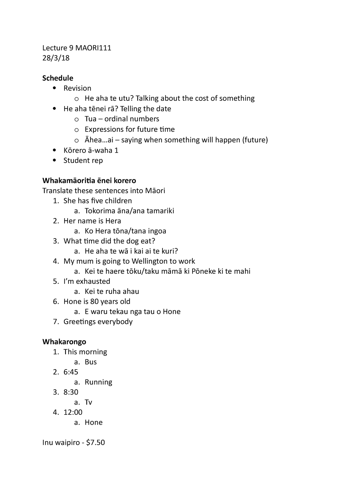 Maori111 A 26 Lecture Notes 4 Lecture 9 Maori 283 Schedule