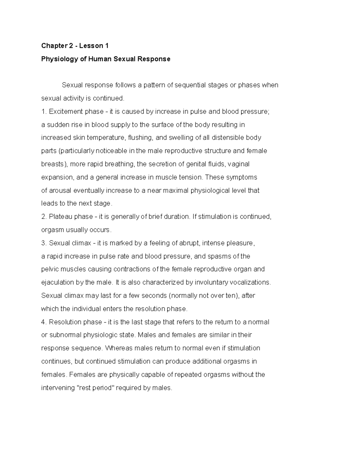 Physiology Of Human Sexual Response Chapter 2 Lesson 1 Physiology