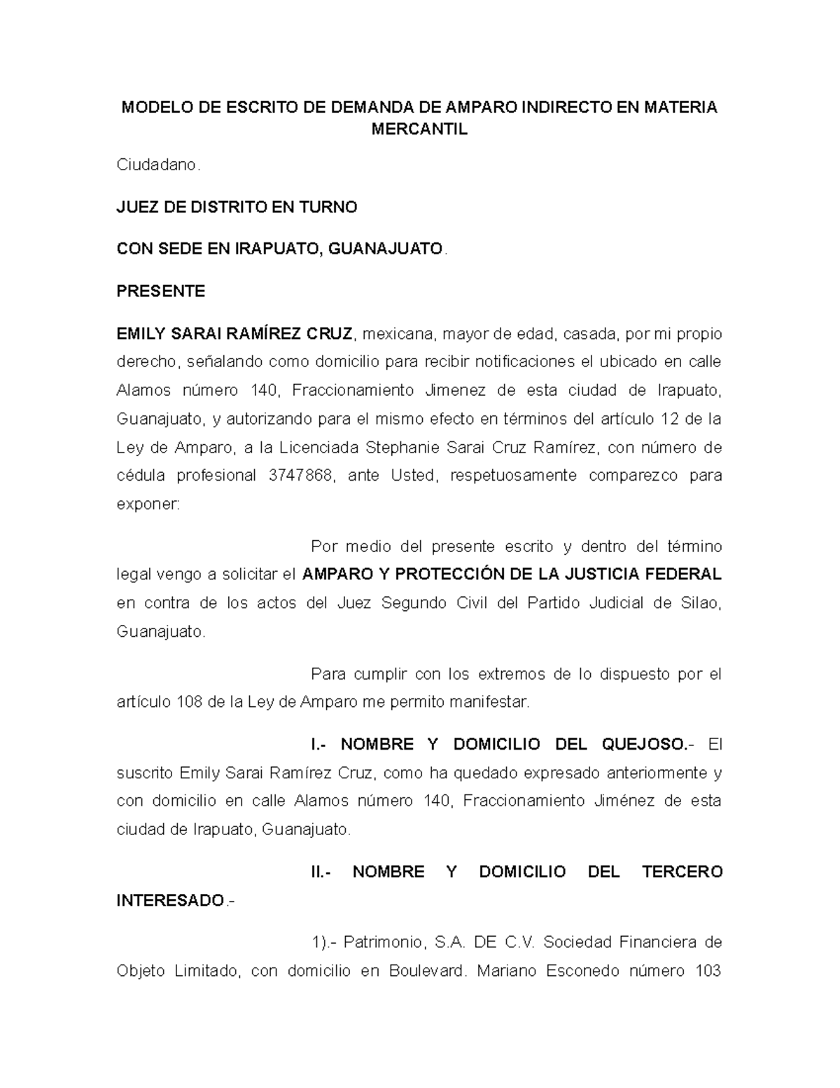 02 Demanda De Amparo Indirecto En Materia Mercantil Modelo De Escrito