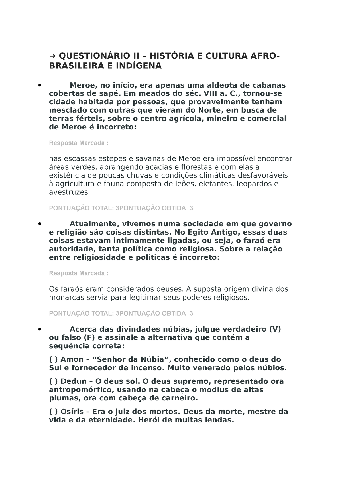 Questionário Ii História E Cultura Afro Brasileira E Indígena