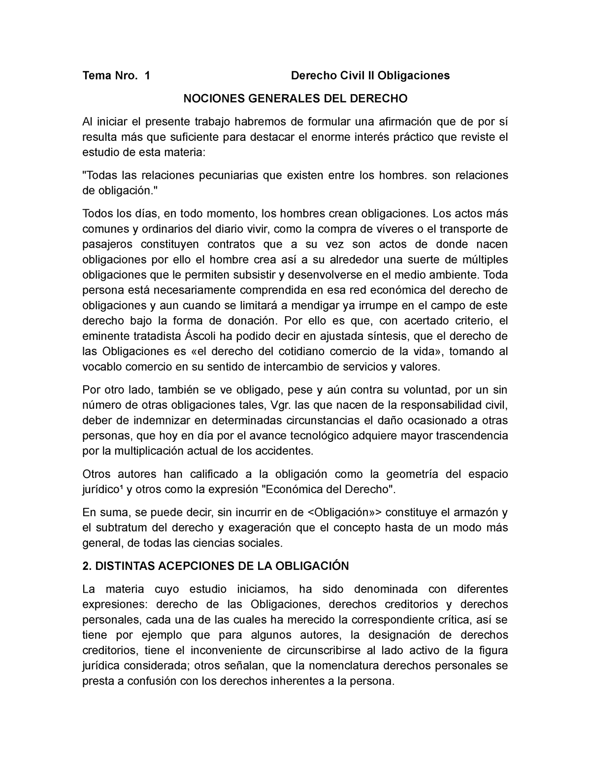 Tema 1 Nociones Generales Del Derecho Tema Nro 1 Derecho Civil Ii