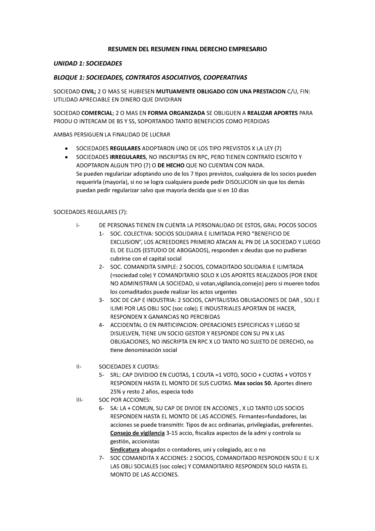 Resumen Del Resumen Final Derecho Empresario Pdf Resumen Del Resumen