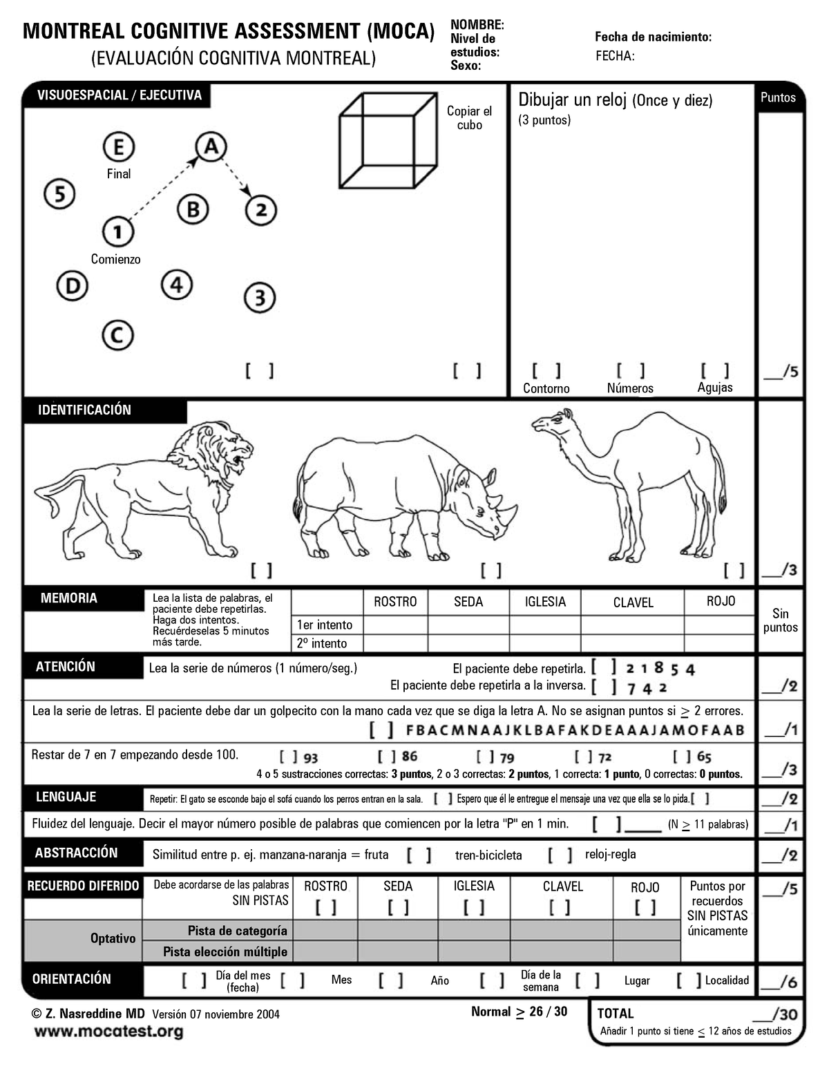 Moca Plantilla Minimental Moca Montreal Cognitive Assessment Moca