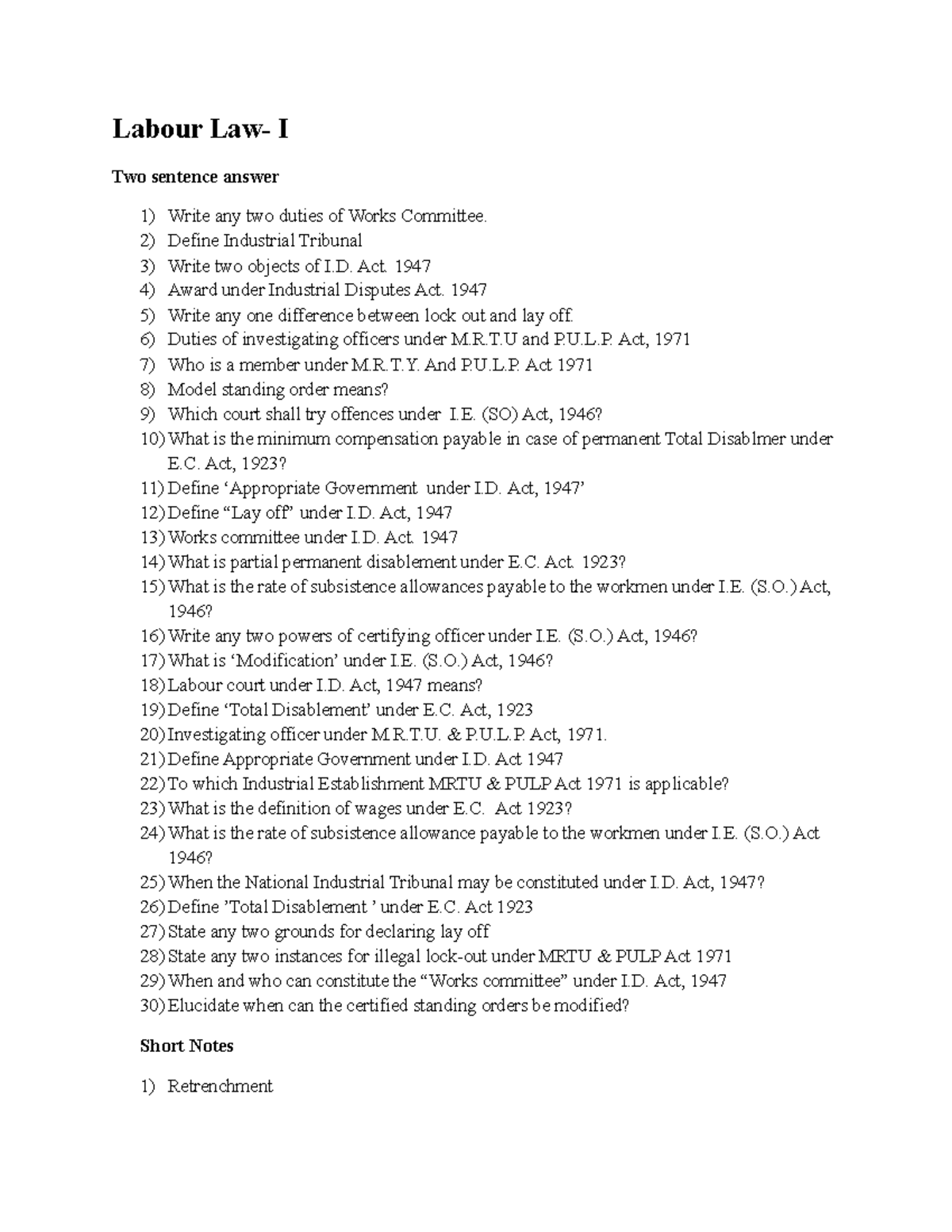 Labour Law Question Bank Labour Law I Two Sentence Answer Write Any