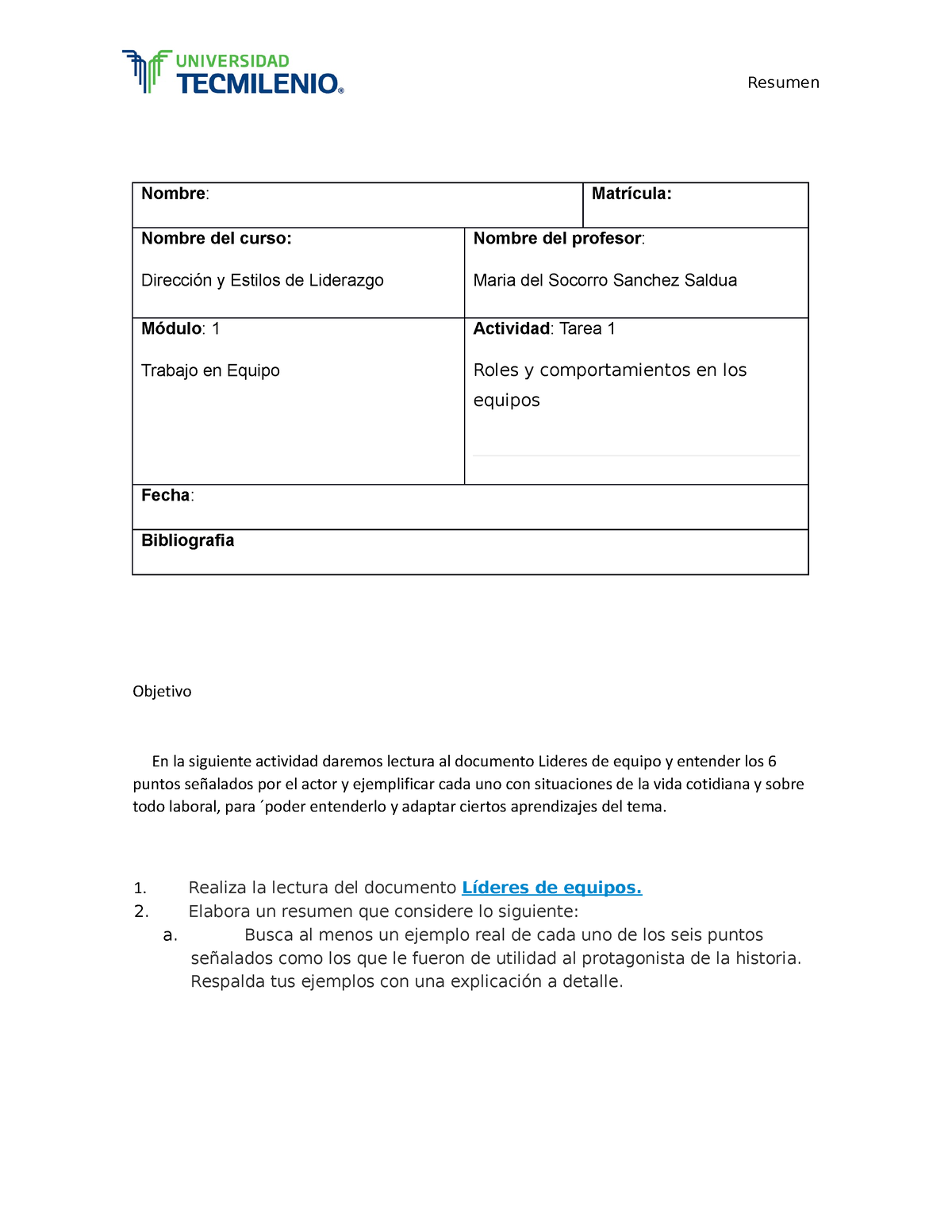 Tarea 1 Resumen Nombre Matrícula Nombre Del Curso Dirección Y