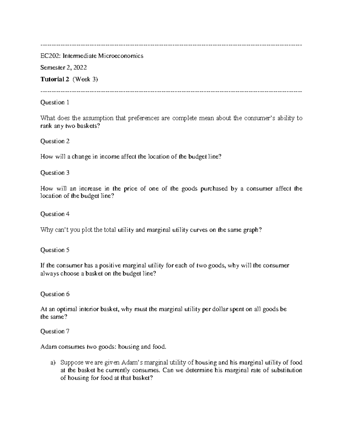 Tutorial 2 Ec202 Intermediate Microeconomics Semester 2 2022