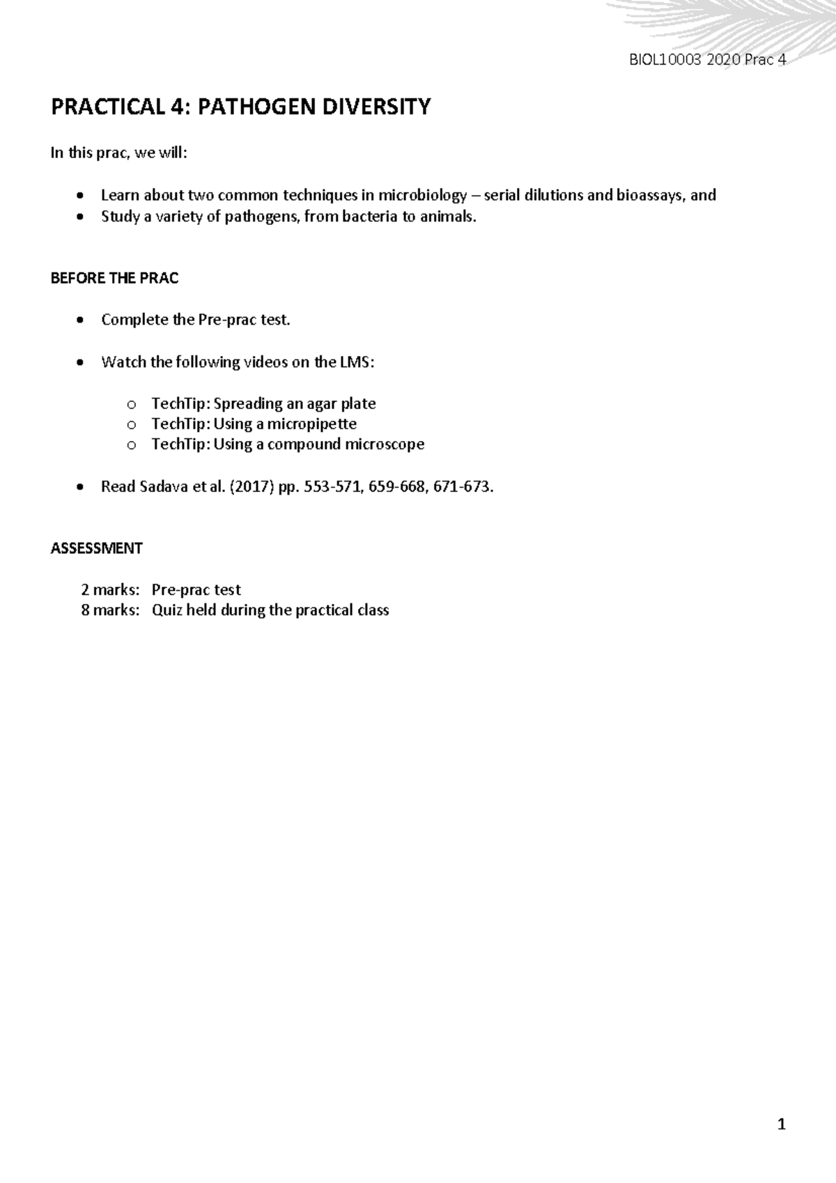 Biol10003 Practical Manual 2020 Prac 4 Student Practical 4 Pathogen