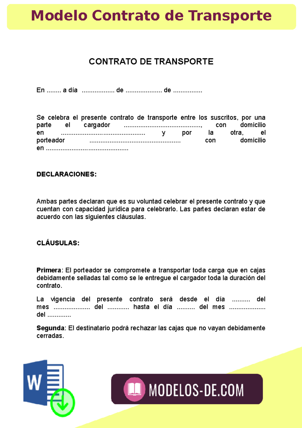 Modelo Contrato De Transporte Contrato De Transporte En A