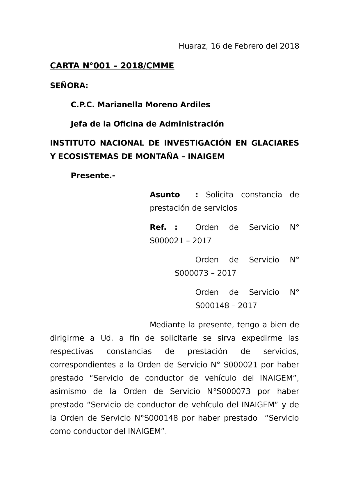 Modelo De Solicitud De Constancia De Prestación De Servicios Inaigem