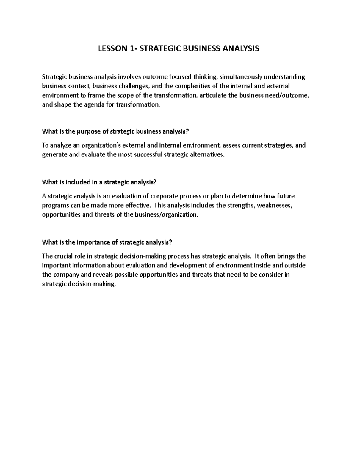 Lesson 1 Strategic Business Analysis Lesson 1 Strategic Business