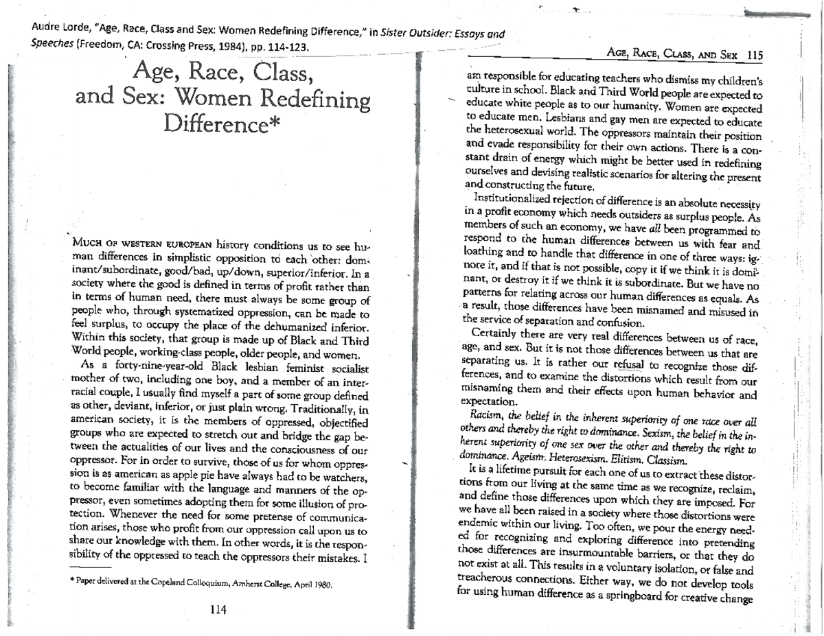 Lorde Age Race Class And Sex Speeches Freedom Ca Crossing Press