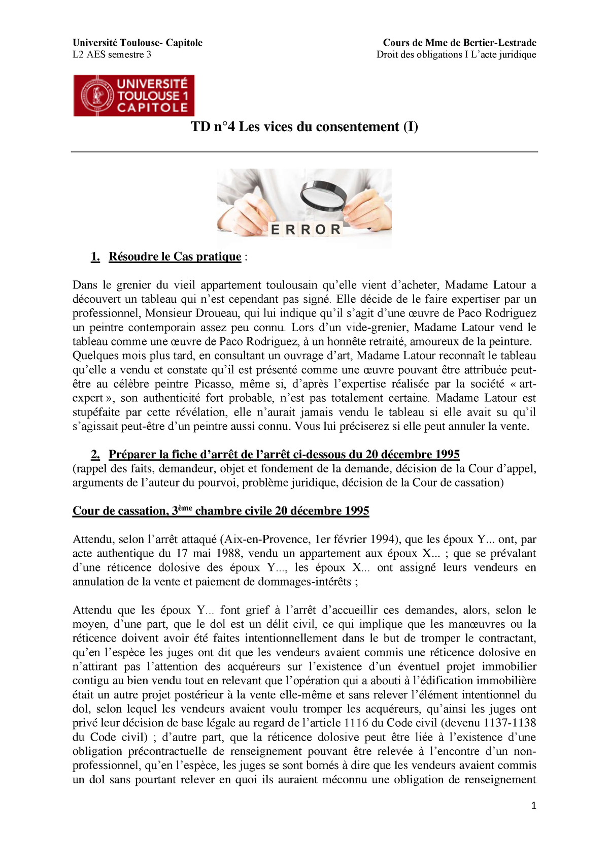 Td N°4 Les Vices Du Consentement L2 Aes Semestre 3 Droit Des