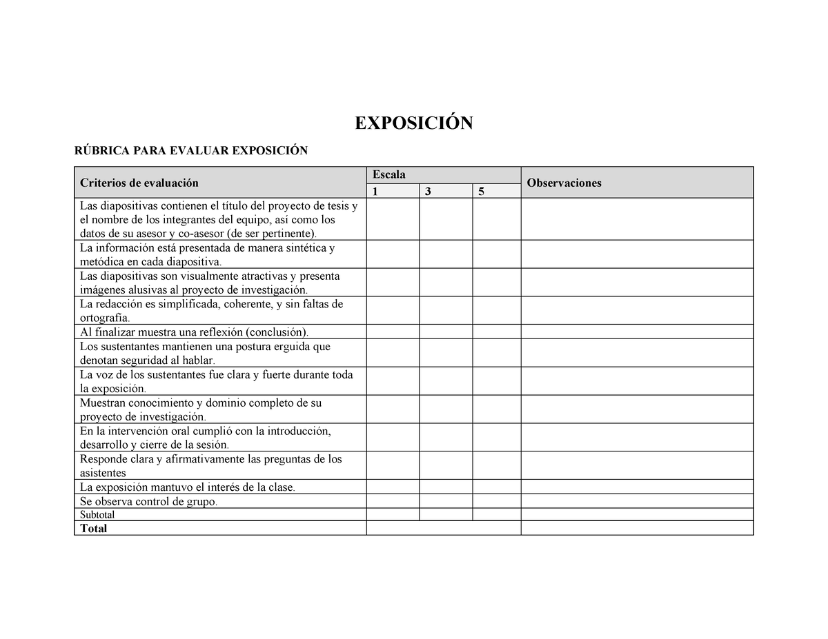 Rúbrica Exposición Rubric ExposiciÓn RÚbrica Para Evaluar