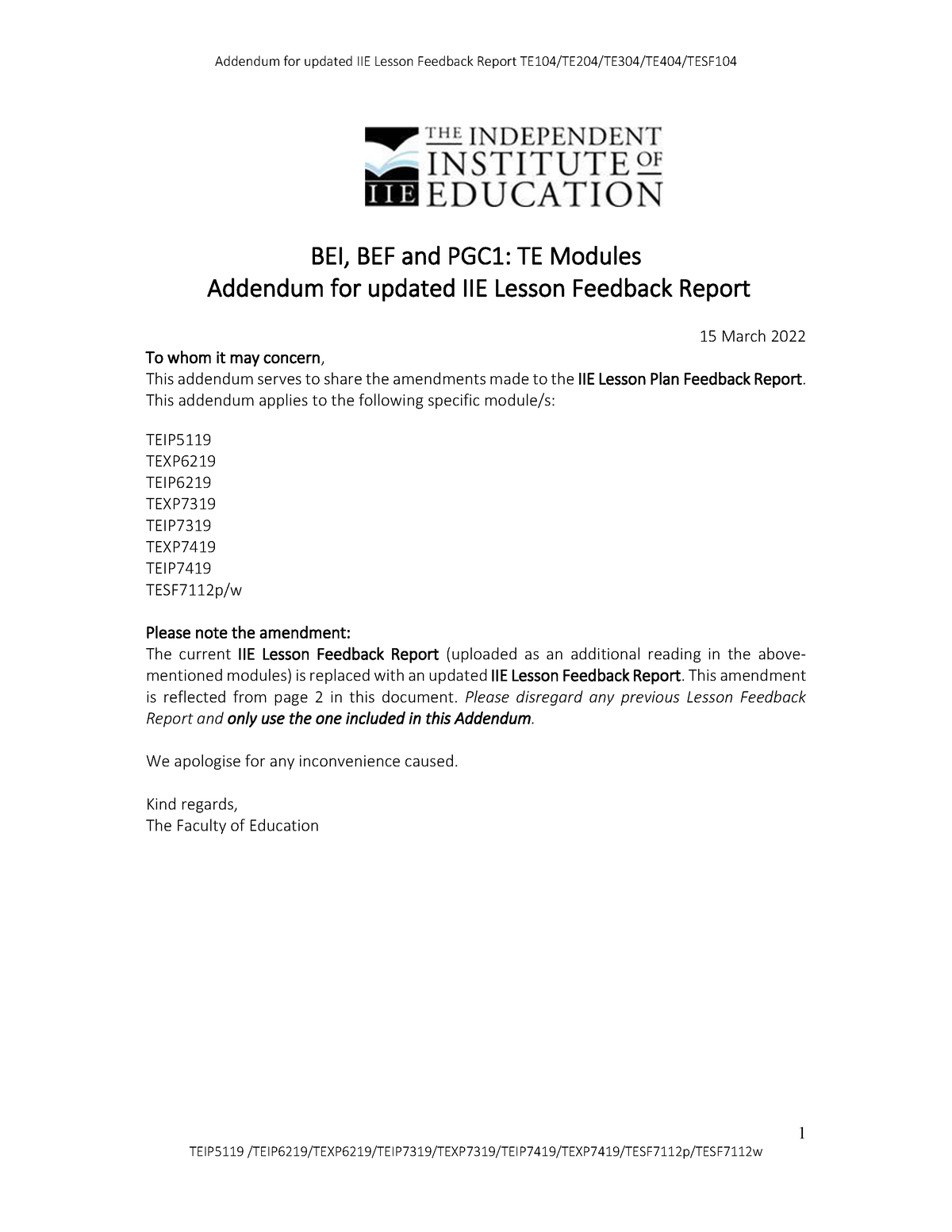 Addendum To The Iie Lesson Feedback Report 2 1 Bei Bef And Pgc1 Te