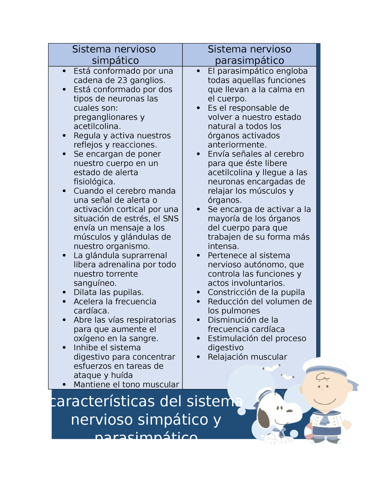 Cuadro Comparativo De Las Características Del Sistema Nervioso