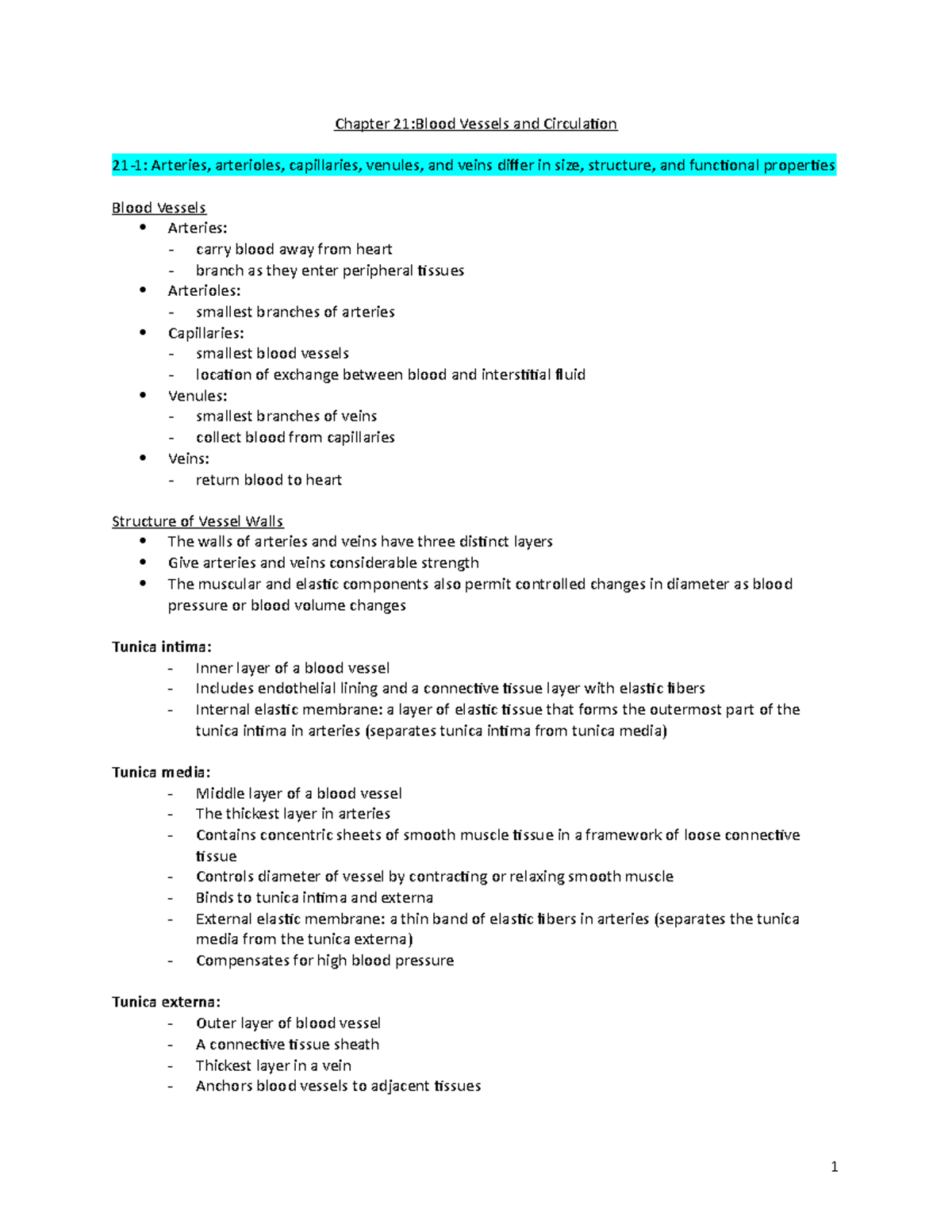 Chapter 21 Notes Chapter 21blood Vessels And Circulation 21 1