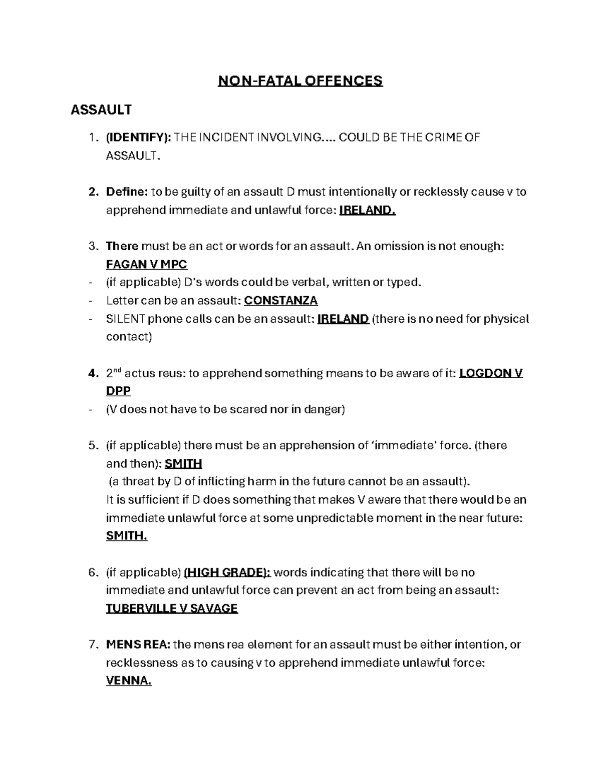 Non Fatal Offences Summary Notes Non Fatal Offences Assault 1