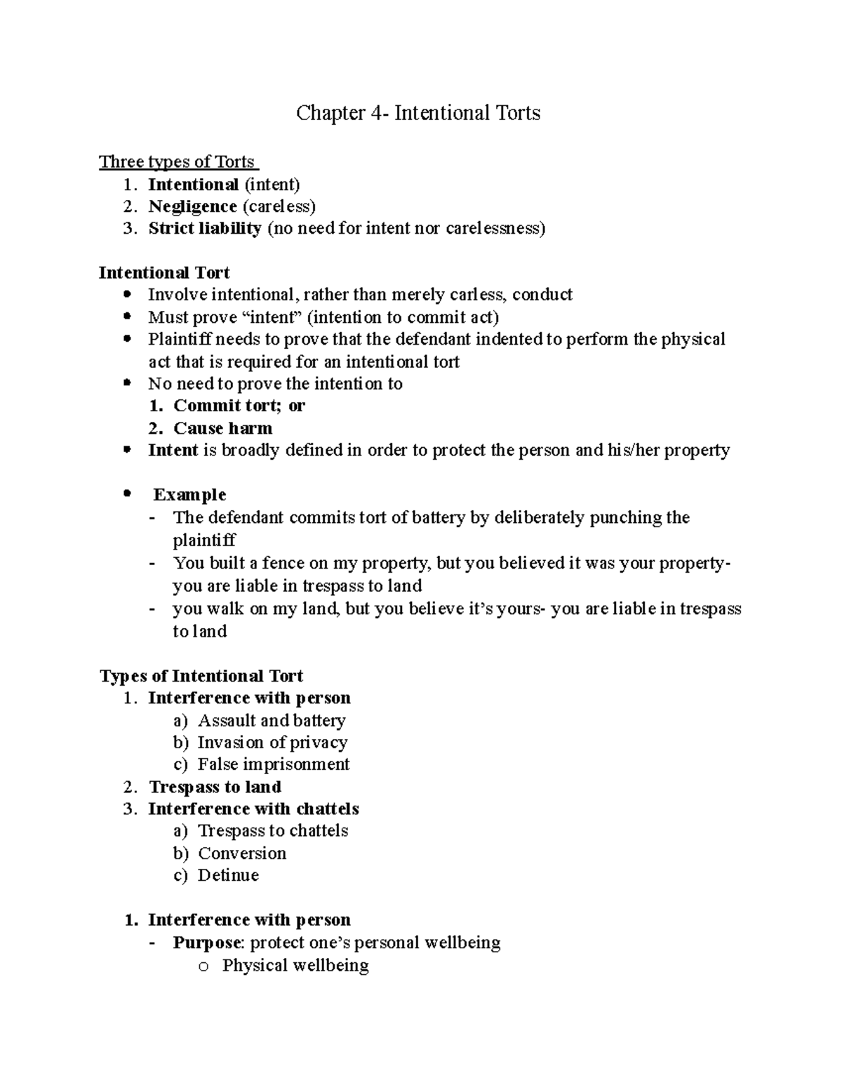 Week 3 Intentional Torts Chapter 4 Intentional Torts Three Types Of