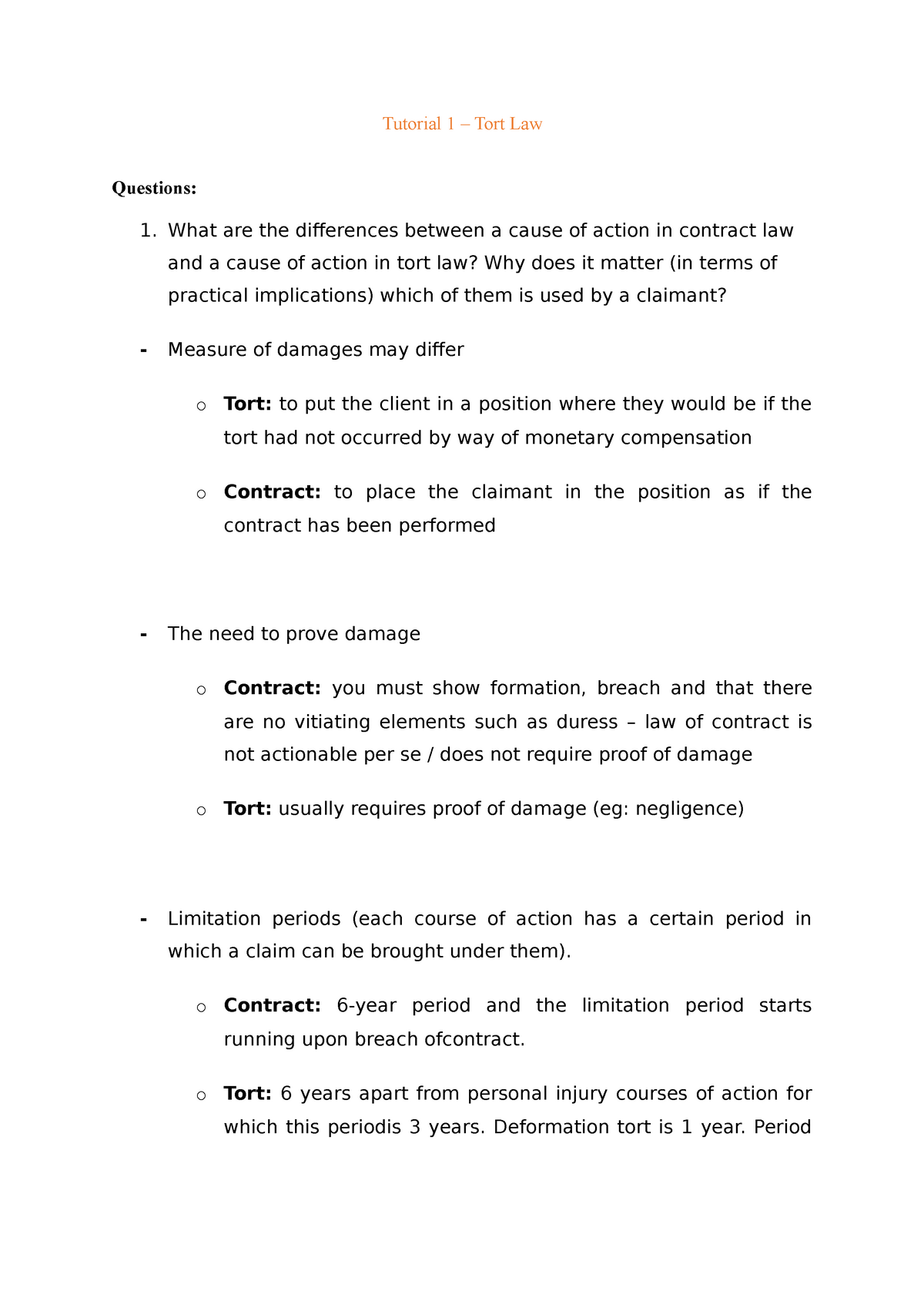 Tutorial 1 Tort Law Lecture Notes 1 Tutorial 1 Tort Law