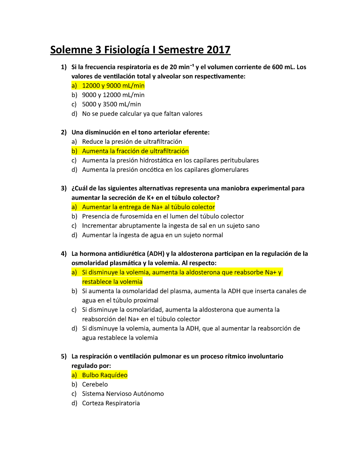 Examen 2017 Preguntas Y Respuestas Solemne 3 Fisiología I Semestre