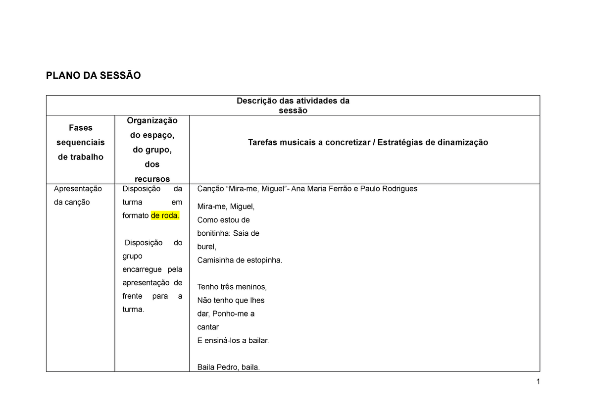 Plano De Sessão Plano Da SessÃo Descrição Das Atividades Da Sessão