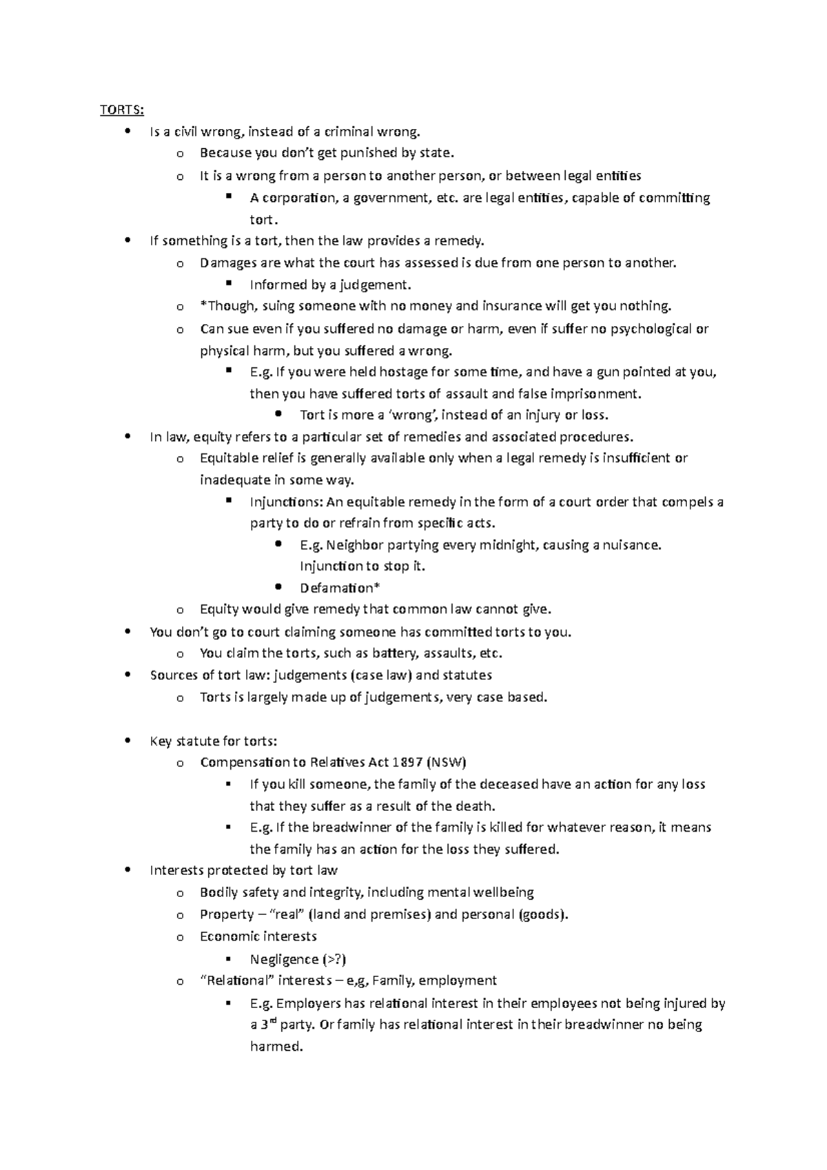 Laws1012 Notes Torts Is A Civil Wrong Instead Of A Criminal Wrong