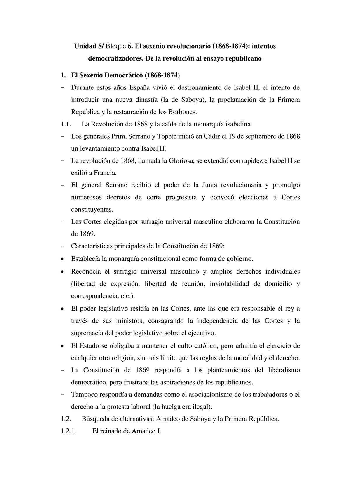 Tema 8 Unidad 8 Bloque 6 El Sexenio Revolucionario 1868 1874