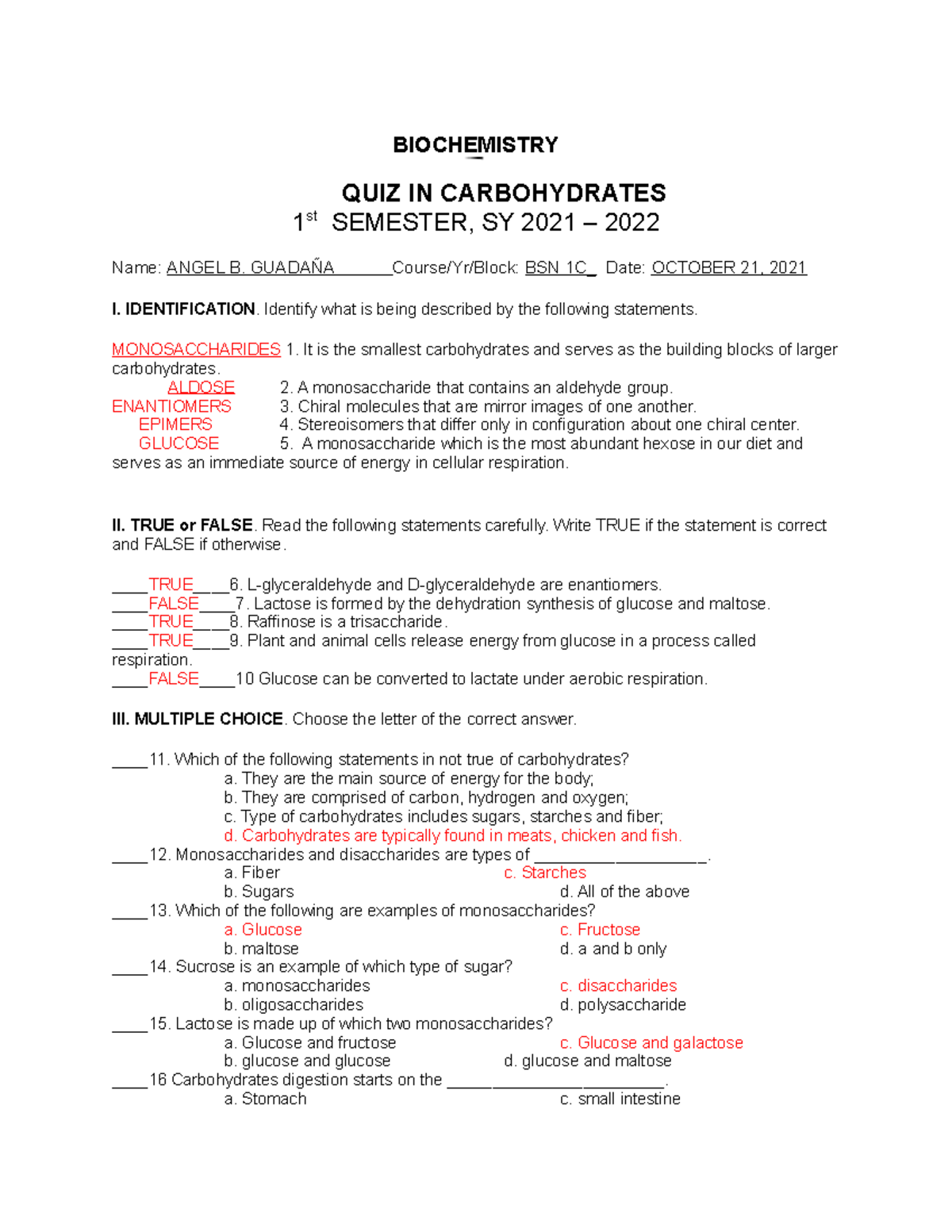 Biochemistry Biochem Biochemistry Quiz In Carbohydrates 1 St