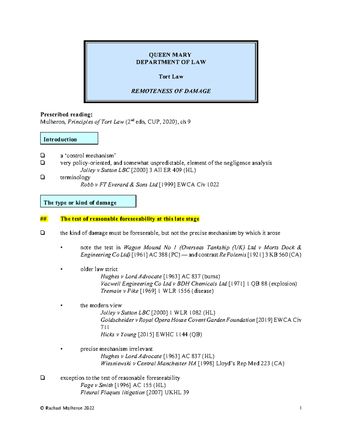 Remoteness Lecture Schema Department Of Lawqueen Mary Tort Law