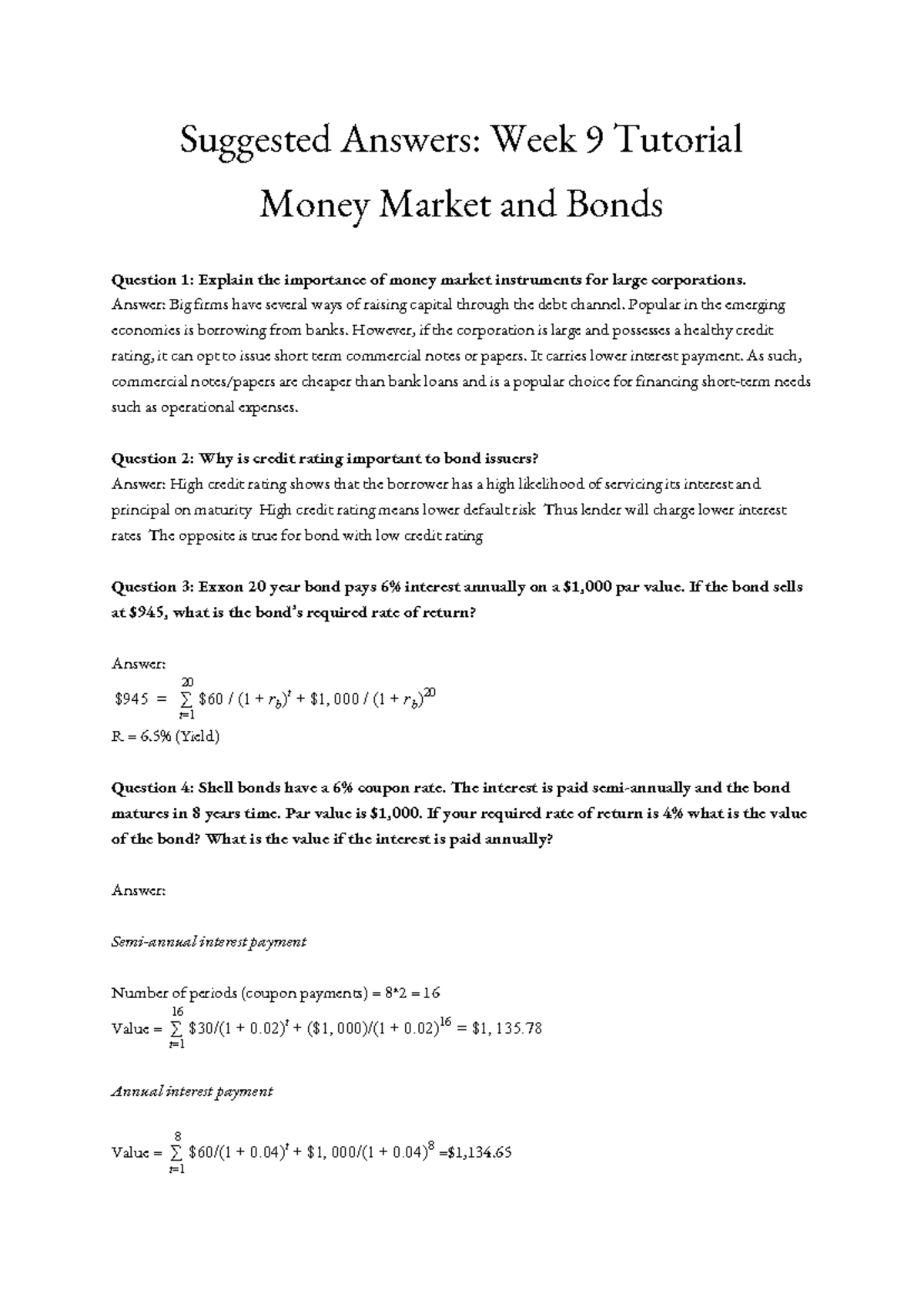 Week 9 Tutorial Answers Suggested Answers Week 9 Tutorial Money