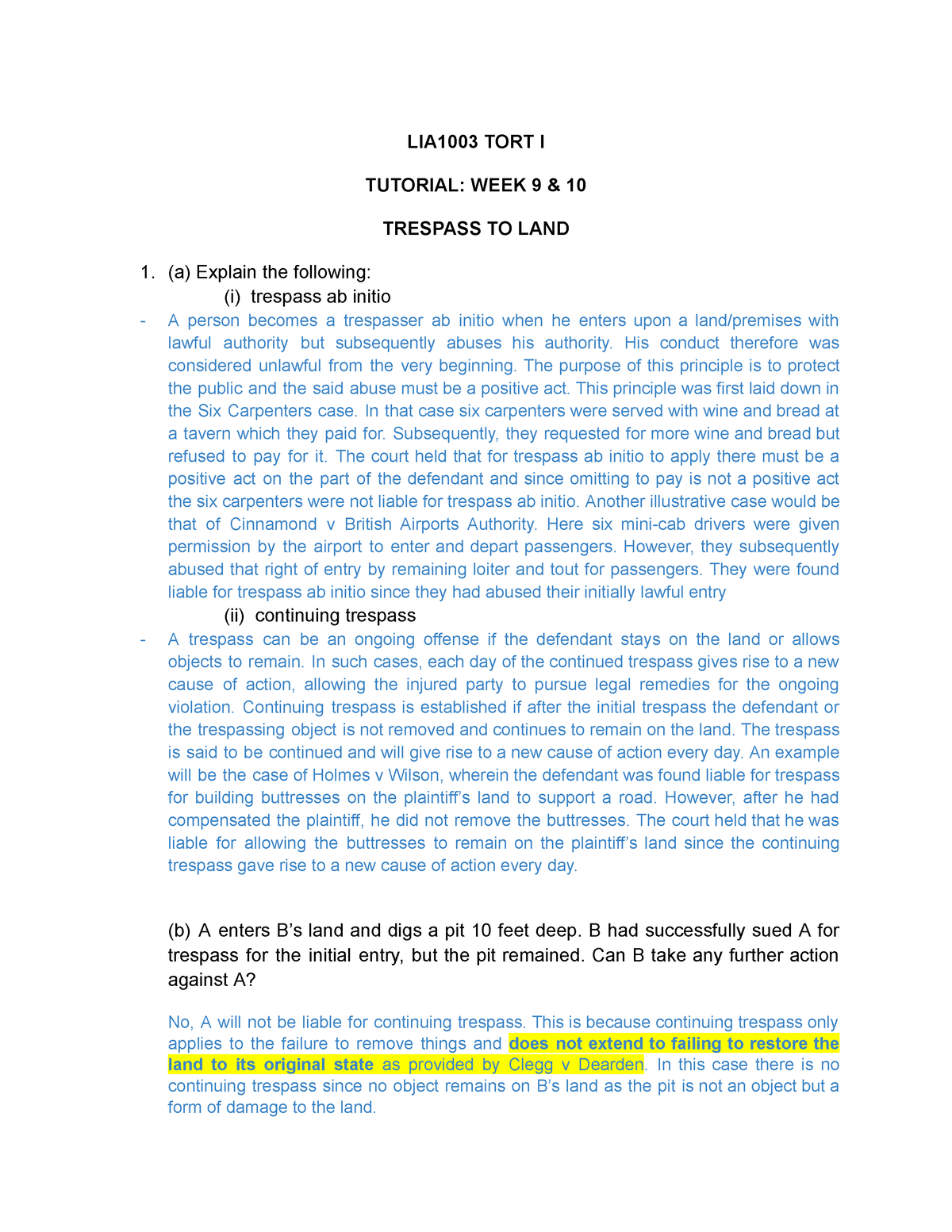 Lia1003 Tuto Week 10 Tresspass To Land Lia1003 Tort I Tutorial