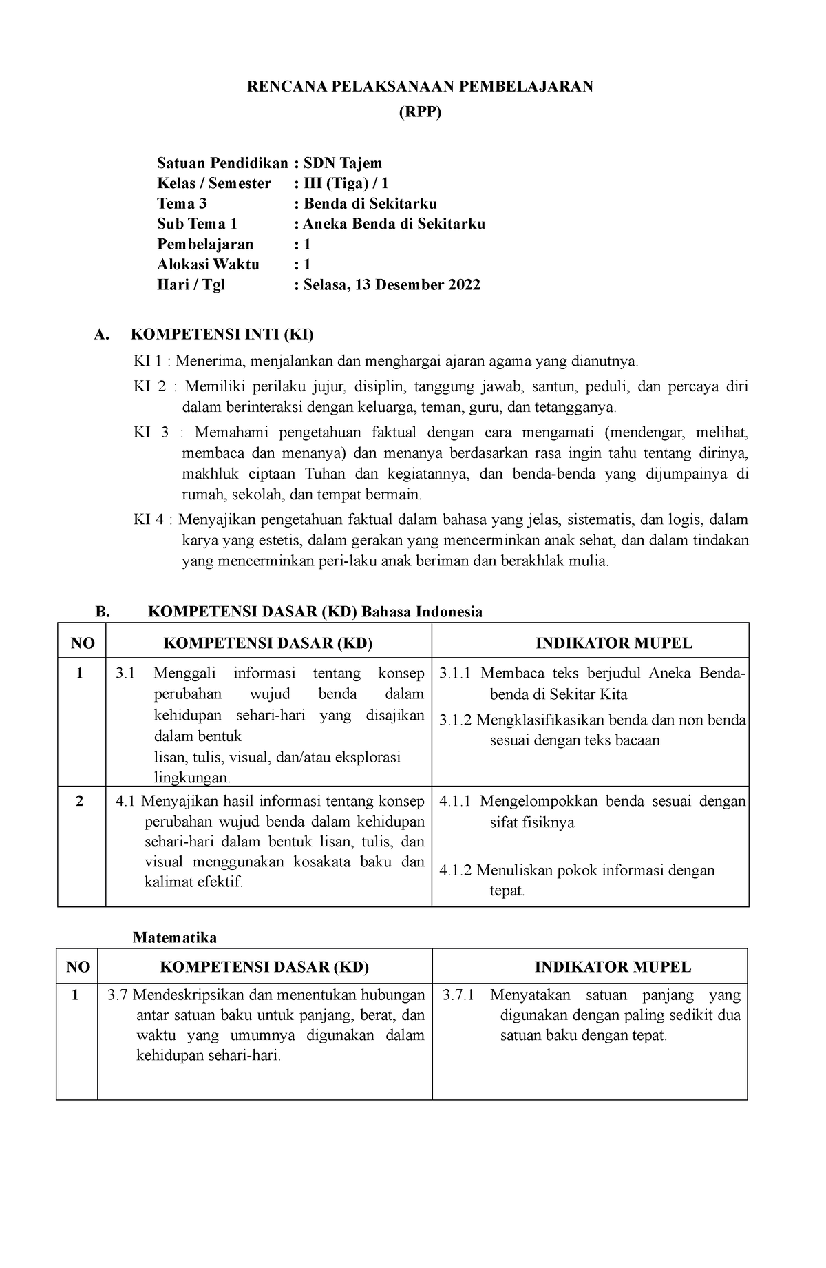 Rpp Kelas 3 Tema 3 Subtema 1 Pembelajaran 1 Rencana Pelaksanaan